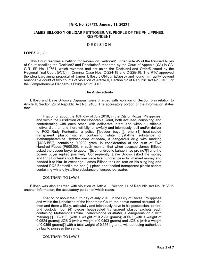Billoso vs. PP (RA 9165) - Jan 2023 - Full Text | PDF | Plea | Plea Bargain