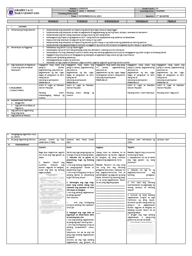 DLL - Filipino 4 - Q2 - W2 | PDF