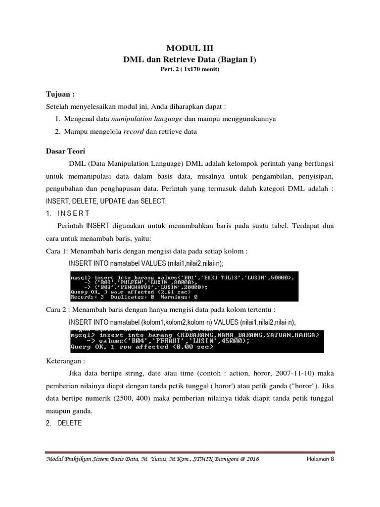 Modul Iii DML Dan Retrieve Data (Bagian I) : Tujuan | PDF | Komputer