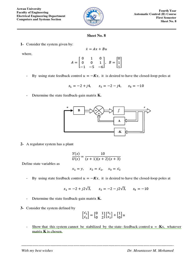Sheet 8 | PDF | Control Theory | Systems Science