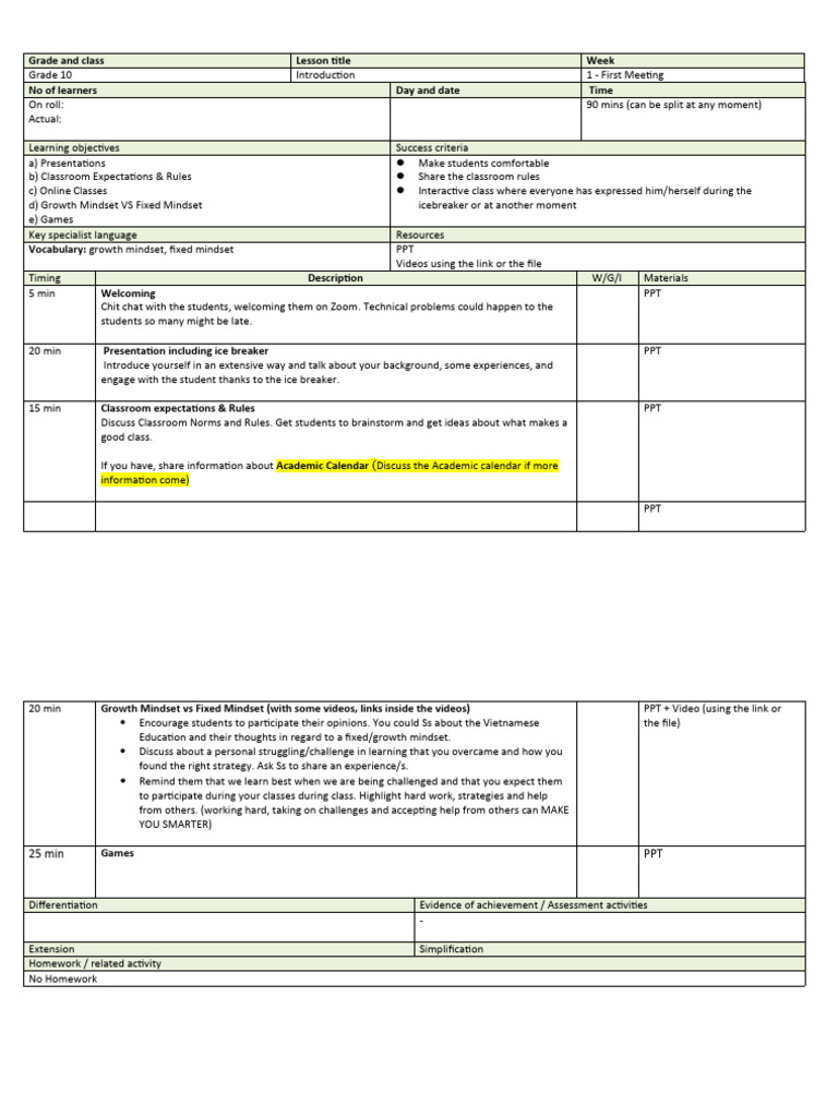 G10W1L1 - Lesson Plan - Introduction | PDF | Mindset | Lesson Plan
