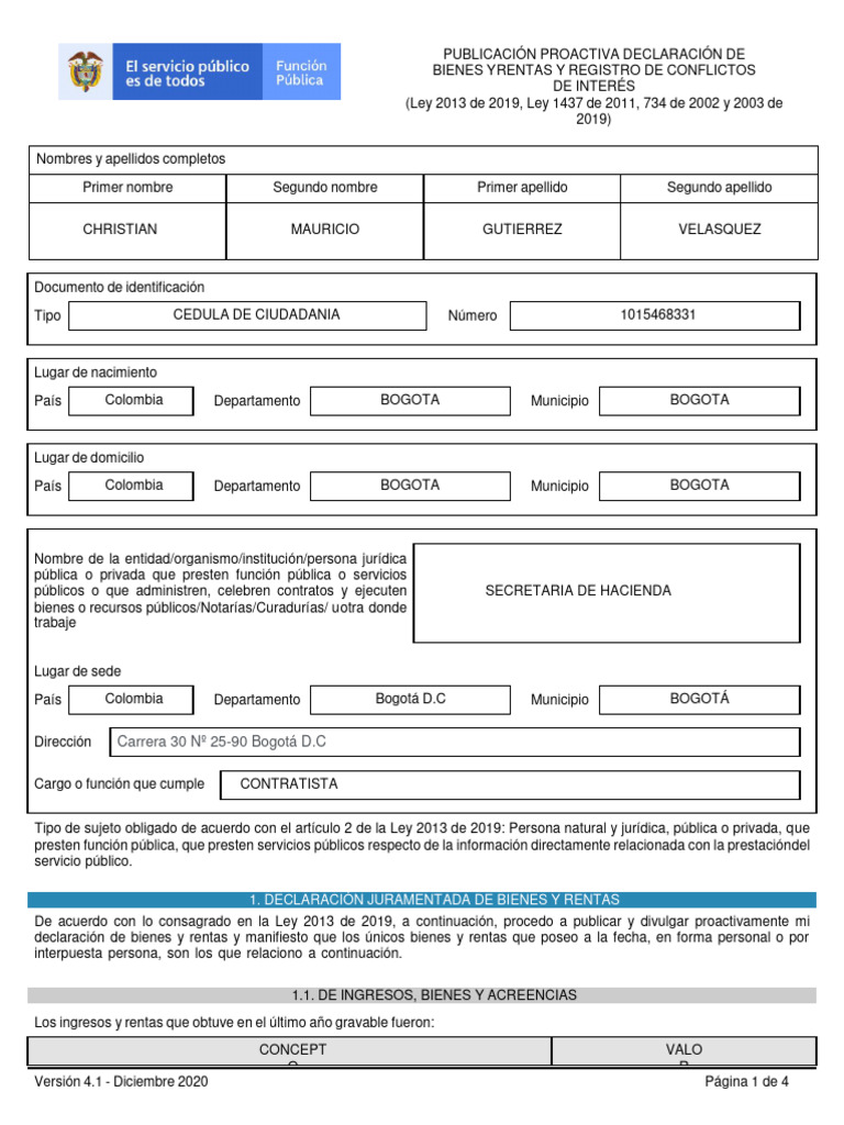 Formato de Bienes y Rentas Sigep | PDF | Parentesco | Bogotá