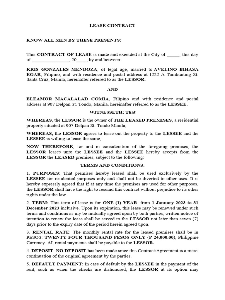 Lease Contract Kris Mendoza | PDF | Lease | Legal Documents