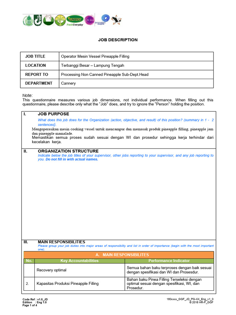 Job Des Operator Mesin Vessel Pine Filling PF | PDF | Bisnis | Komputer
