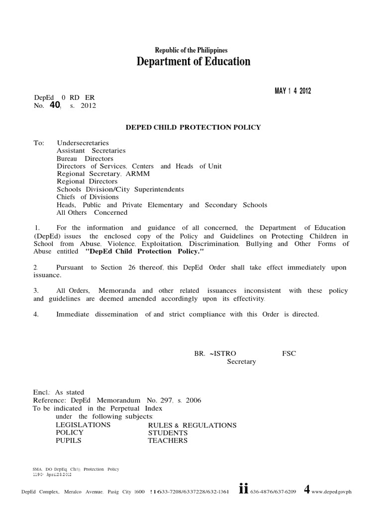 DepEd Child Protection Policy 2012 | PDF | Violence | Child Abuse