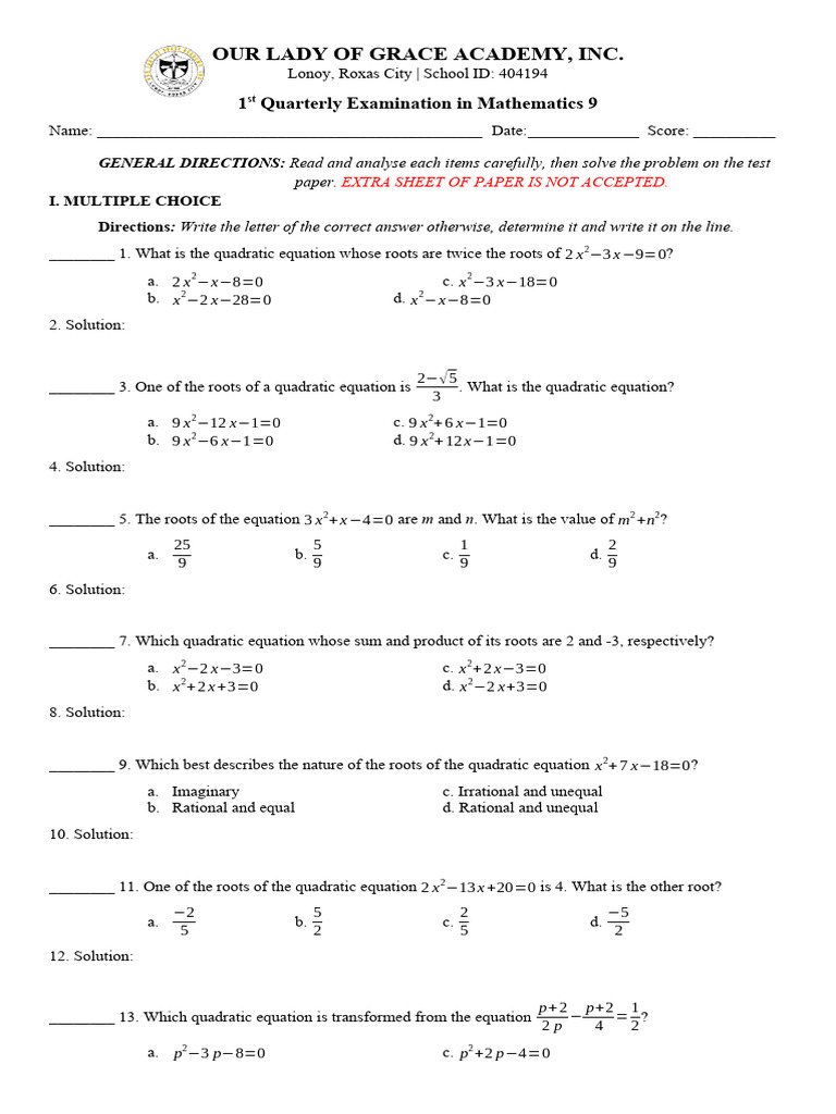 Math - 9 | PDF | Quadratic Equation | Mathematical Relations
