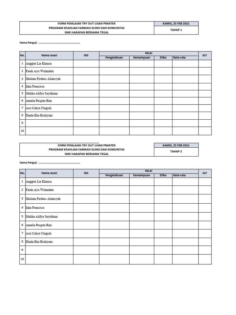 Form Nilai Praktek Try Out LSP 2021 | PDF