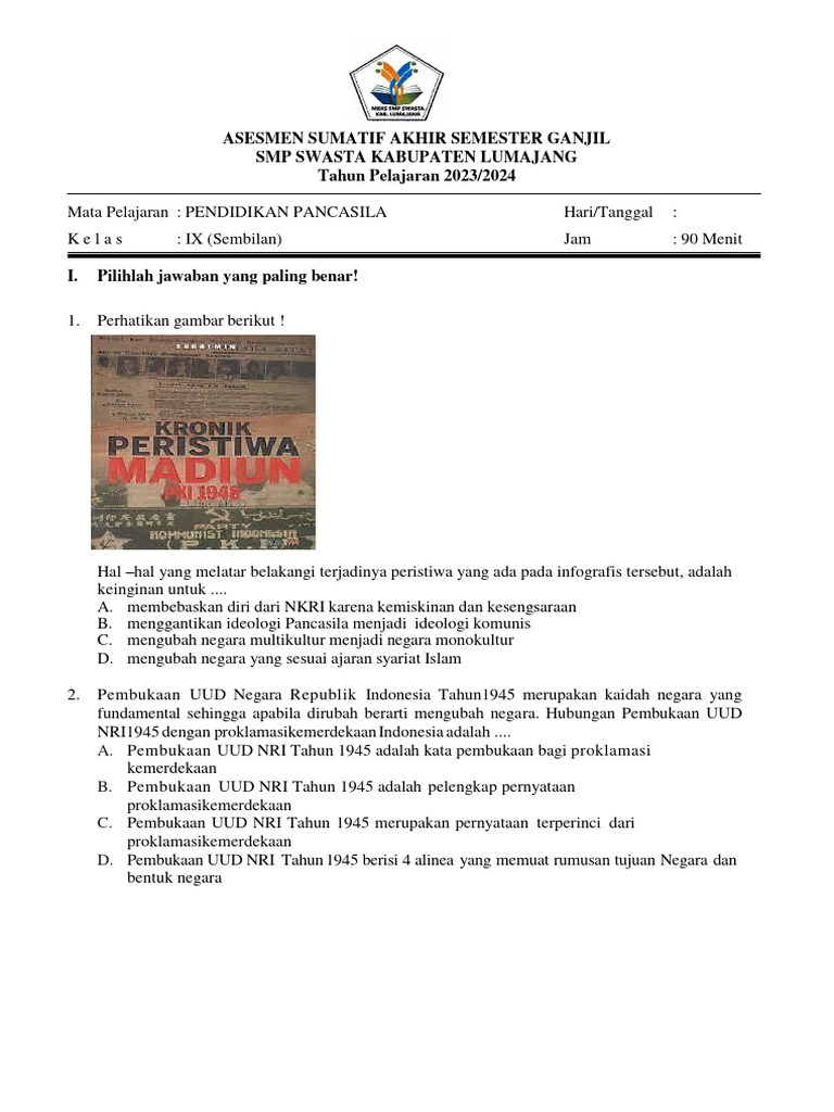 Soal ASAS PKN KELAS 9 GANJIL | PDF