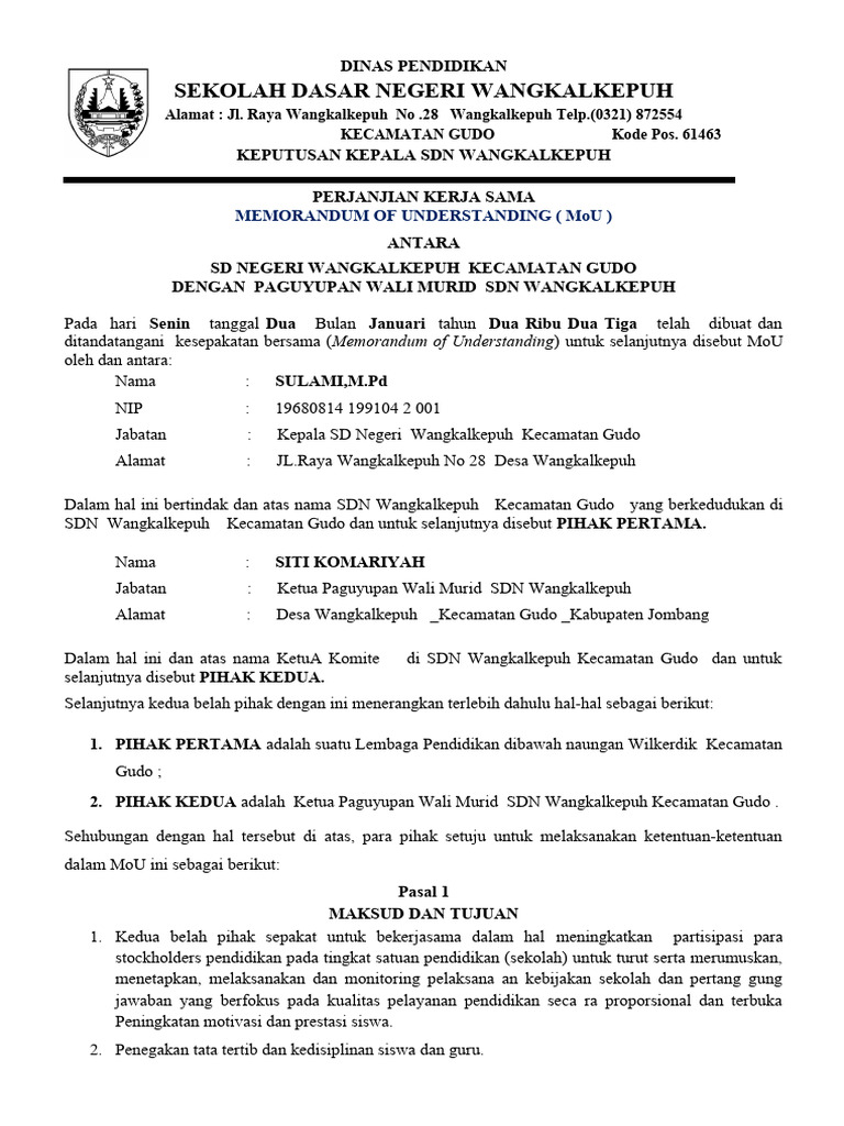 Mou Sekolah Dan Paguyuban | PDF