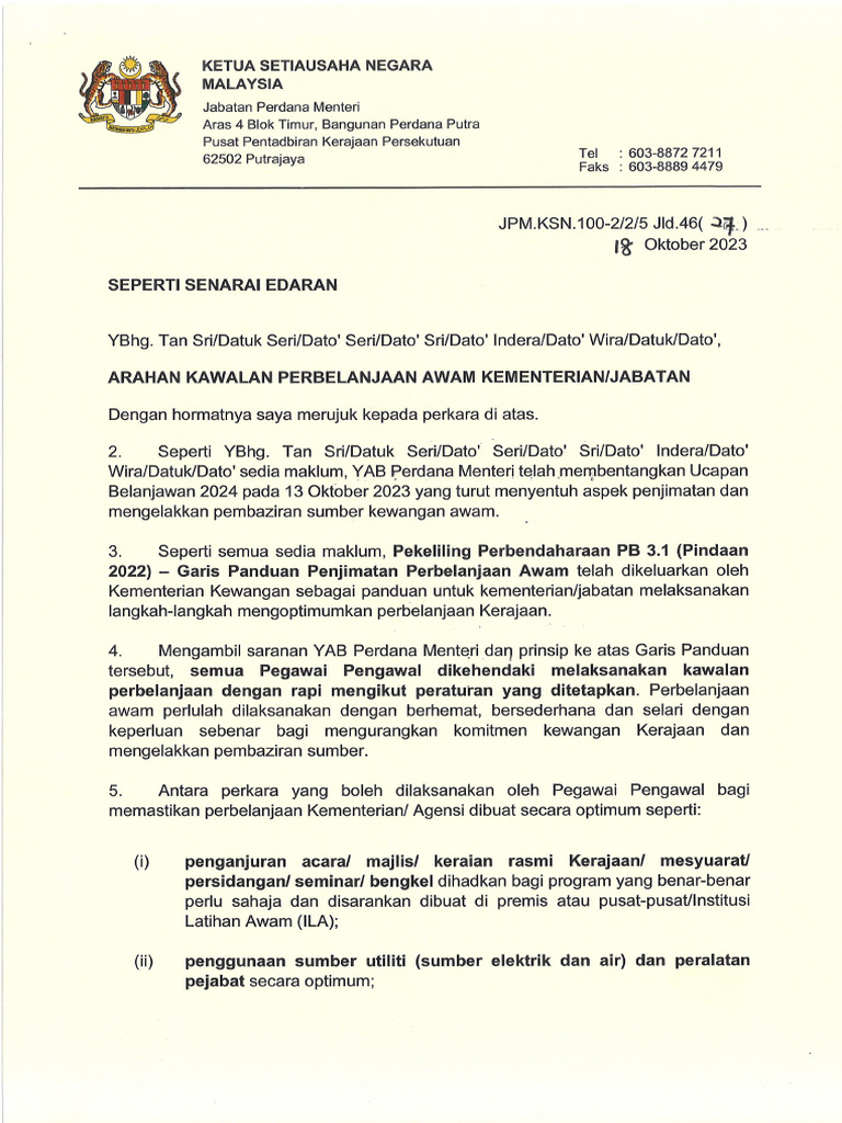 Surat Arahan Kawalan Perbelanjaan Awam Kementerian Jabatan - 18.10.2023 ...