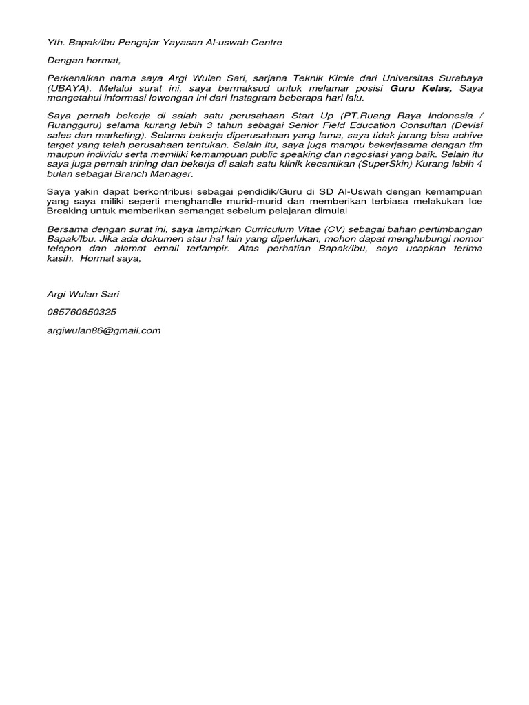 Cv-Guru Kelas Sd-Argi Wulan Sari | PDF