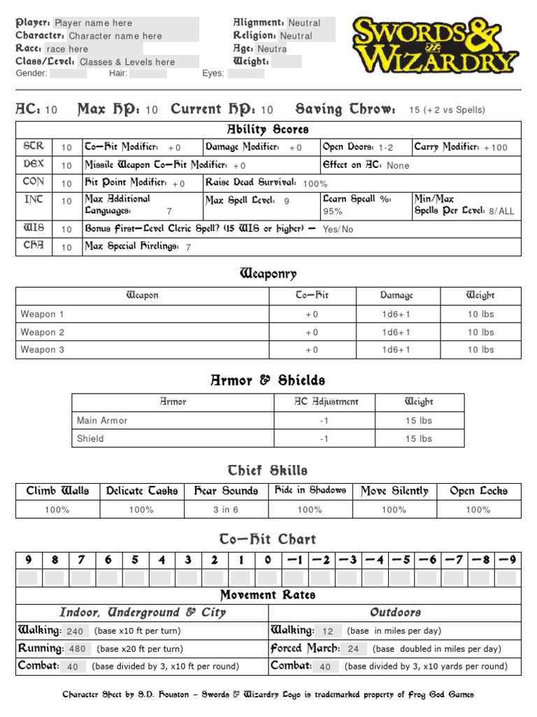Swords & Wizardry Character Sheet | PDF | Role Playing Games