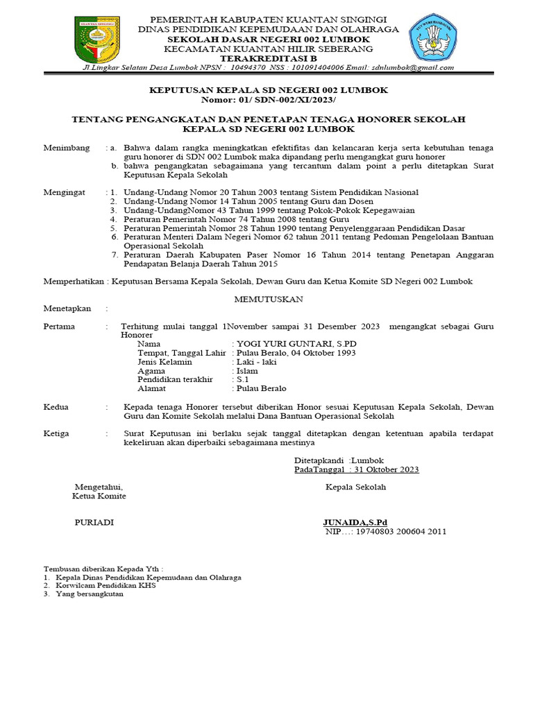 Dokumen - Tips Contoh SK Honor Sekolah Sdsmpdocx | PDF