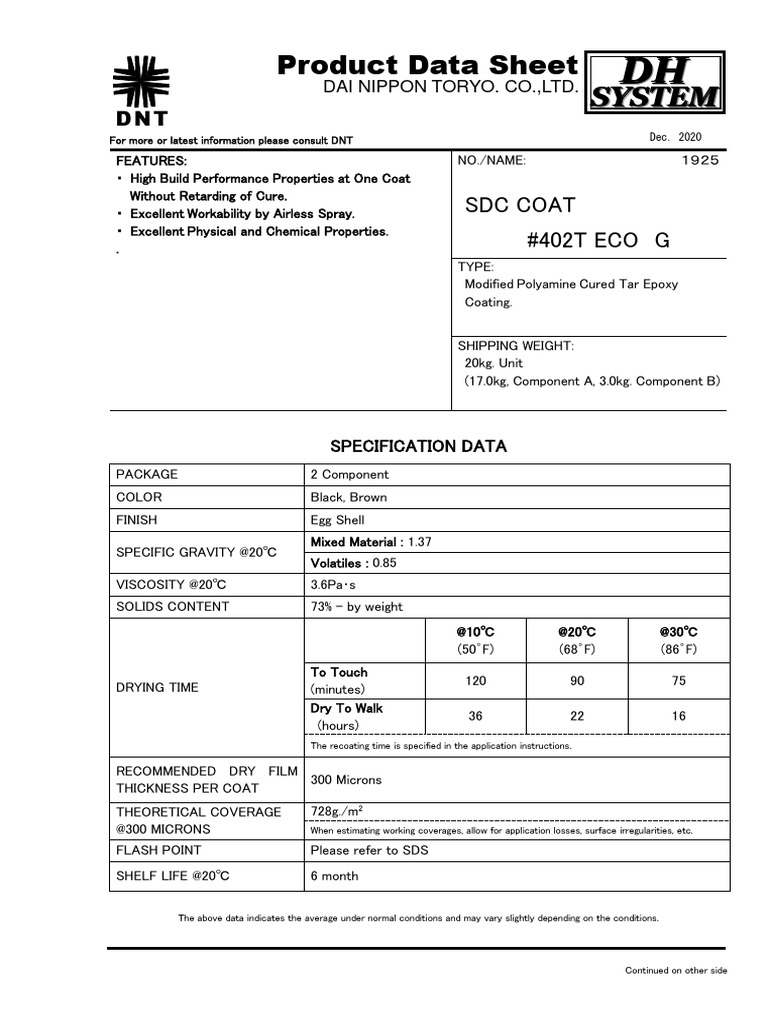 SDC Coat #402T Eco G Product Data Sheet | PDF | Materials | Physical ...