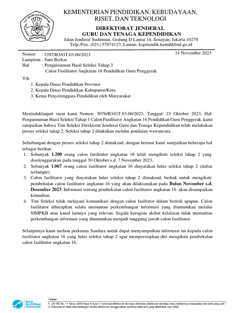 3397 - Pengumuman Hasil Seleksi Tahap 2 CF 16 - Rev | PDF
