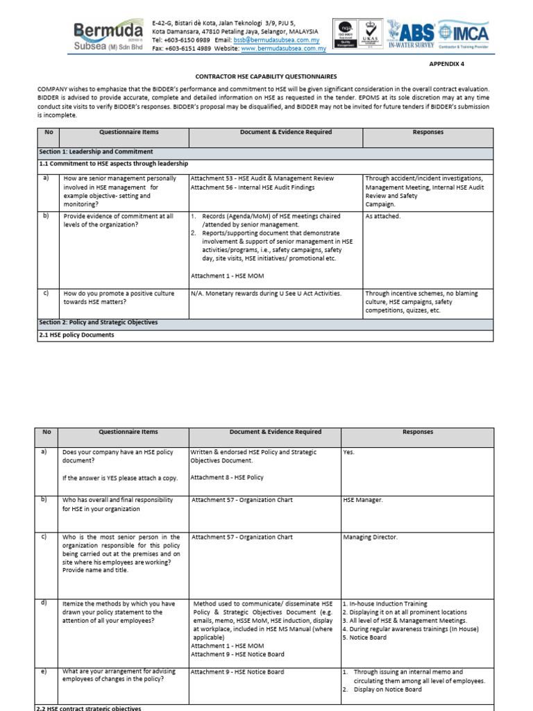 Hse Capability Evaluation Questinnaire | PDF | Hazards | Risk