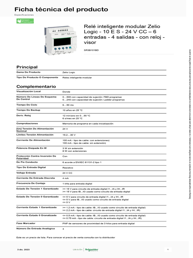 Schneider Electric - Zelio-Logic - SR3B101BD | PDF | Relé | Residuos