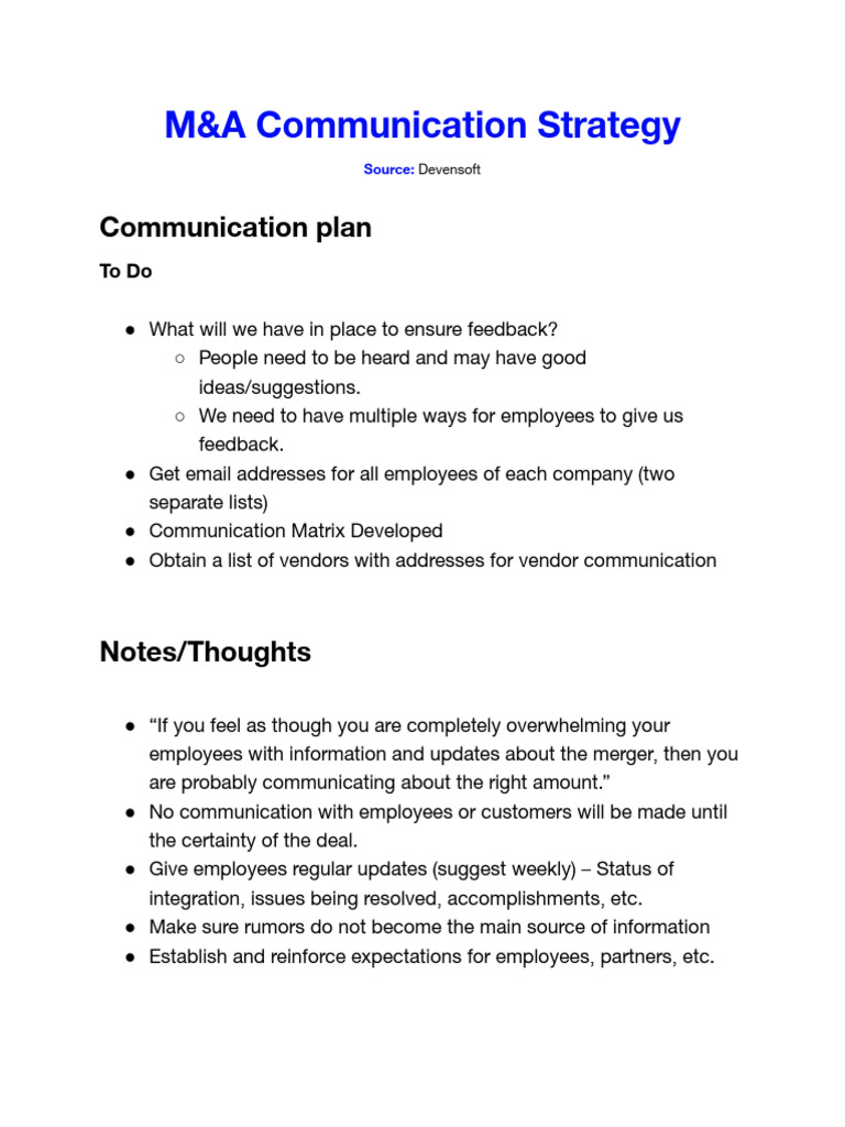M&A Communication Strategy | PDF | Mergers And Acquisitions | Communication