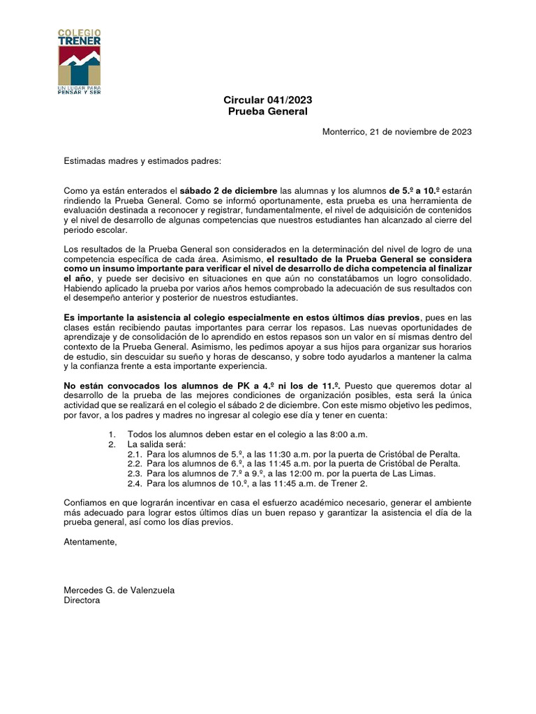 Circular 041-2023 - Prueba General | PDF | Aprendizaje | Cognición