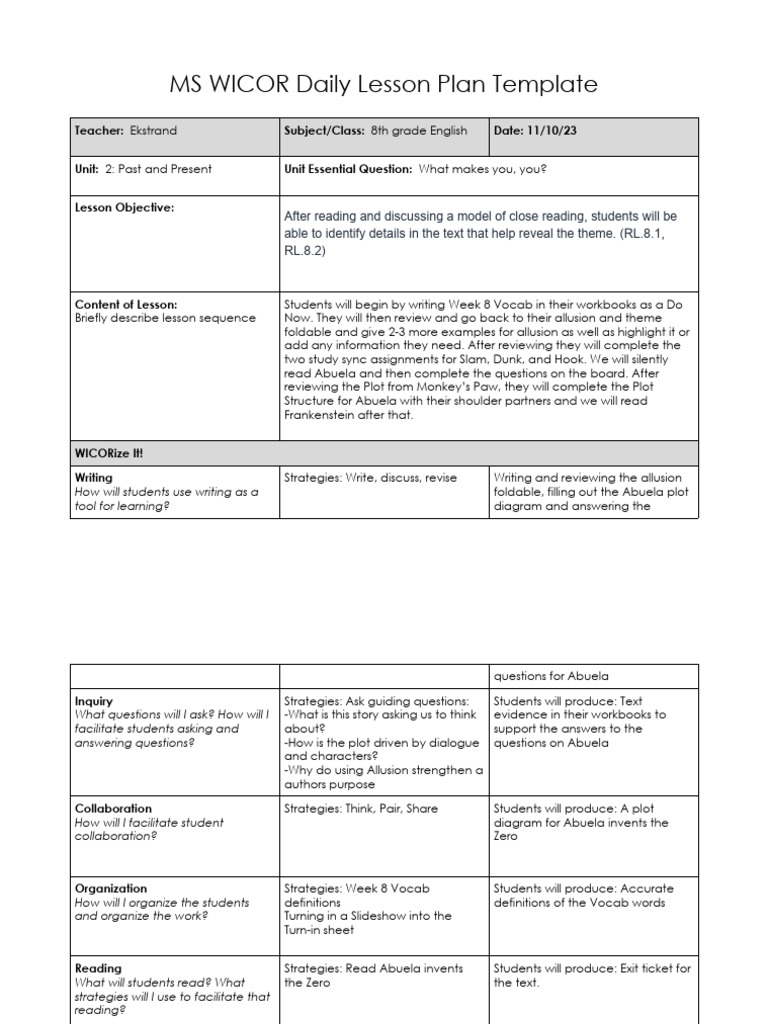 11 9-11 10 Daily Wicor Lesson Plan Template | PDF | Lesson Plan | Cognition