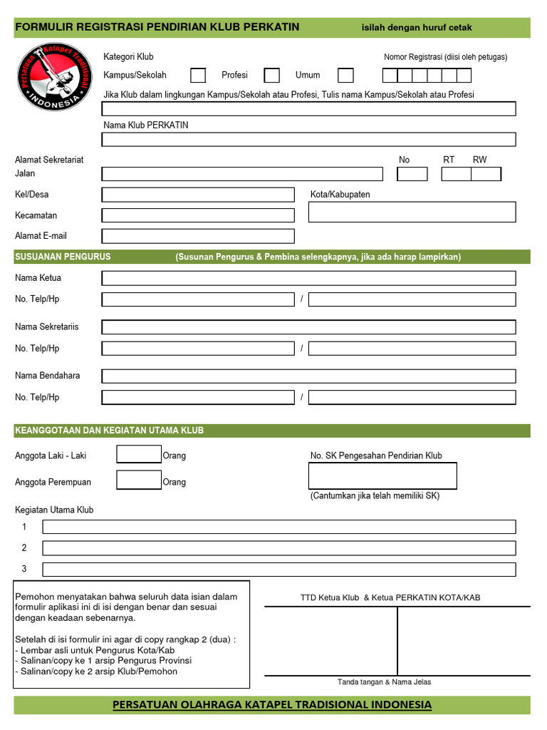 Form Registrasi Klub Dan Anggota Perkatin | PDF