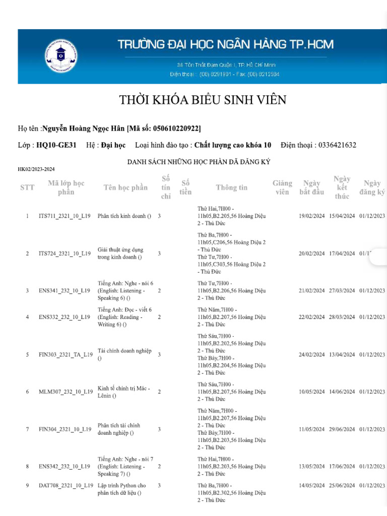Tkb Ngọc Hân Hk2 2023-2024 | PDF