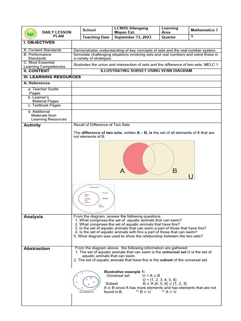 DLP Math7 Quarter1 Week2 D1 | PDF | Learning | Set (Mathematics)
