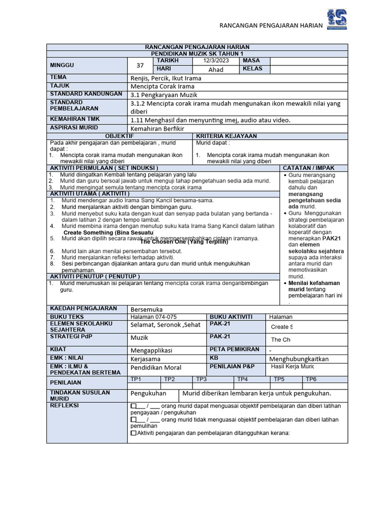 RPH Minggu 37 Pendidikan Muzik THN 1 2023 by Cikgu Gorgeous | PDF