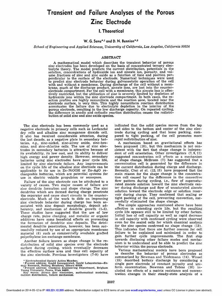 Transient and Failure Analyses of The Porous Zinc Electrode - I - Theoretical | PDF | Electrode ...