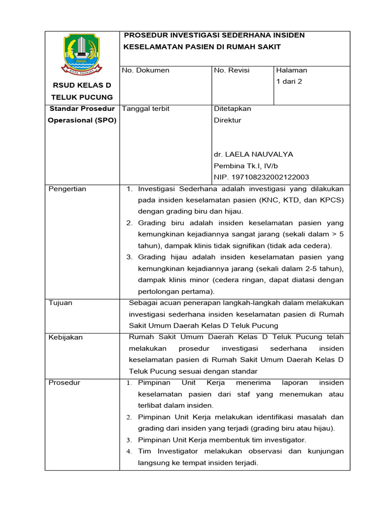 Spo Prosedur Investigasi Sederhana Insiden Keselamatan Pasien Di Rumah ...