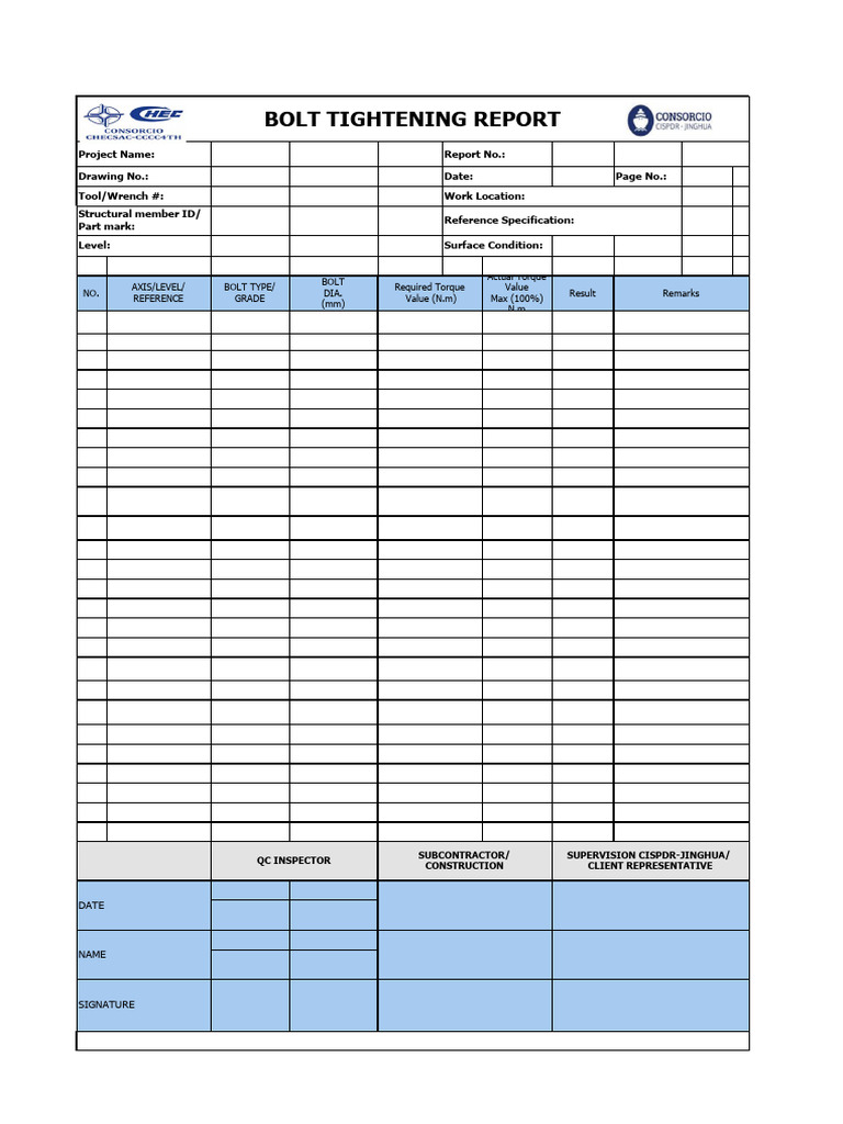 Bolt Tightening Inspection Report Format Final | PDF