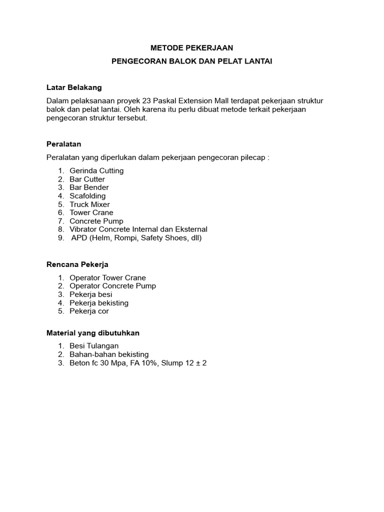 20-Metode Kerja Pengecoran Balok & Pelat Lantai | PDF