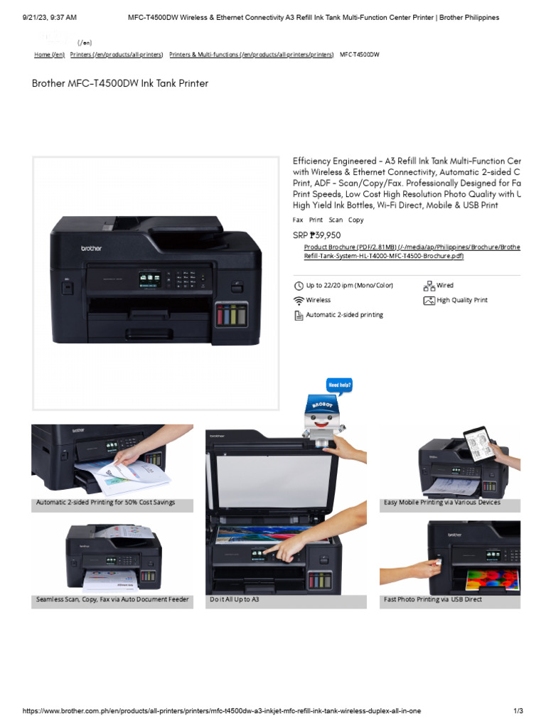 MFC-T4500DW Wireless & Ethernet Connectivity A3 Refill Ink Tank Multi-Function Center Printer ...