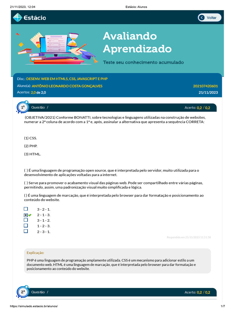Simulado Desenv Web em HTML5 CSS Javascript e PHP Ava2 | Download grátis PDF | Html | Rede ...