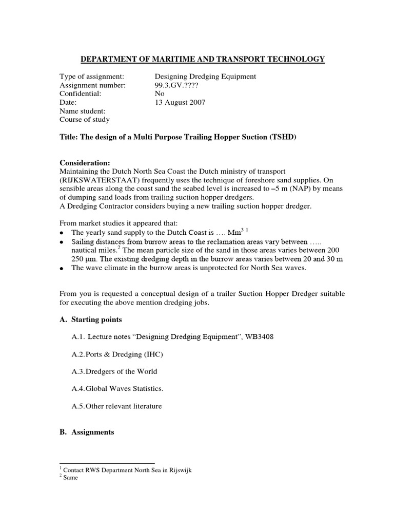 Multi-Purpose TSHD Design Assignment | PDF | Dredging | Civil Engineering