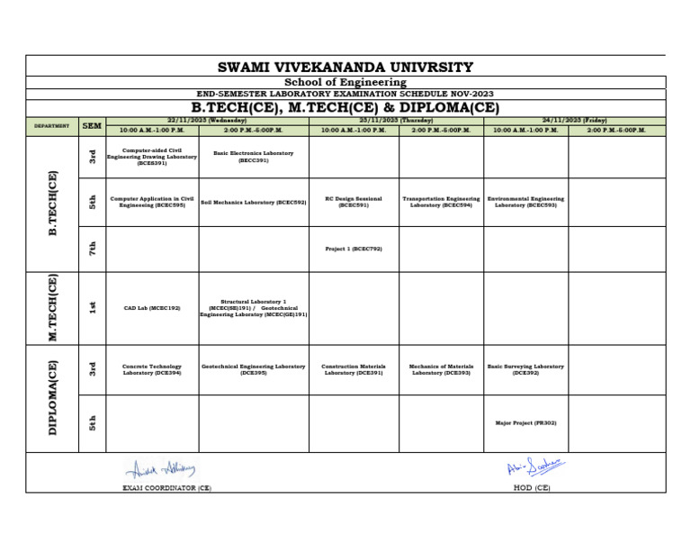 Lab Exam Schedule - Ce-Nov-2023 - Endsem | PDF | Engineering | Science
