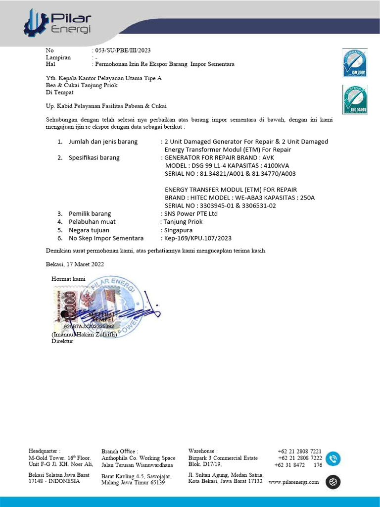 Surat Permohonan Reexpor | PDF