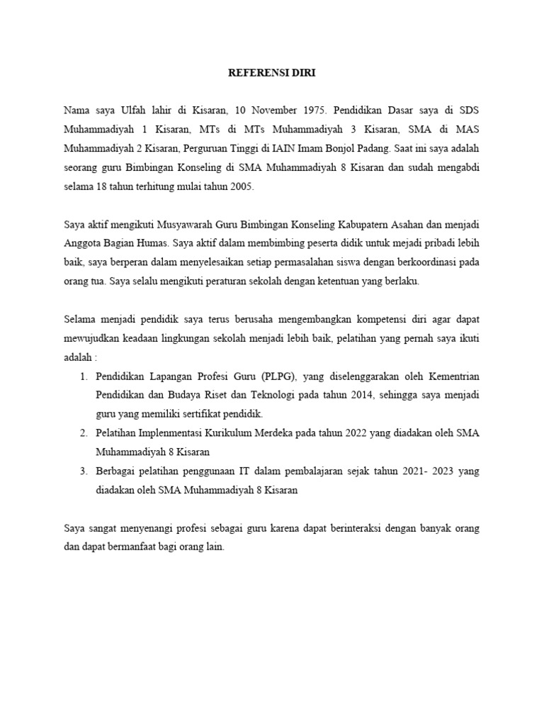 Referensi Diri Bu Ulfa | PDF | Karier & Perkembangan