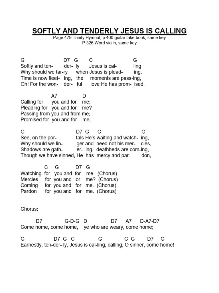 Softly and Tenderly Jesus is Calling Lyrics | PDF