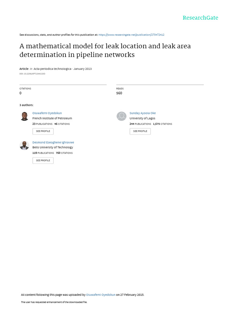 A Mathematical Model For Leak Location and Leak Area Determination in Pipeline Networks | PDF ...