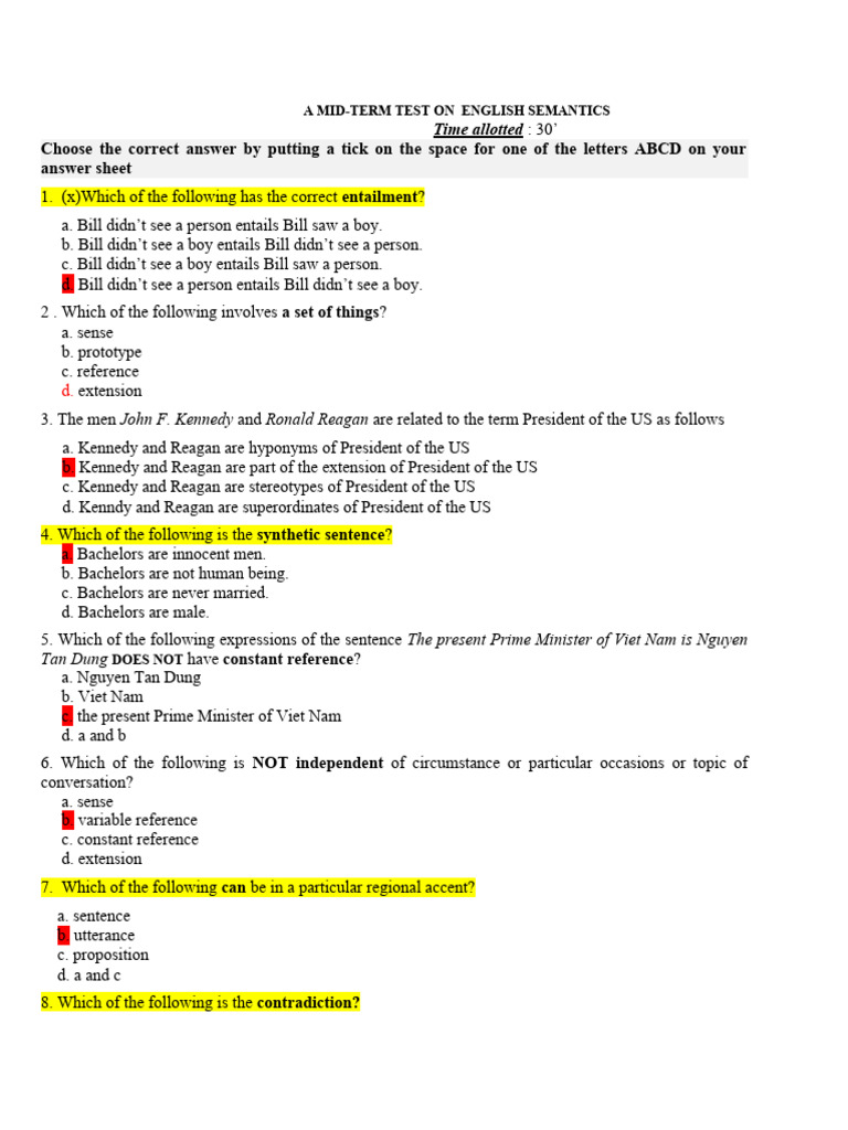 A Mid Term Test On English Semantics | PDF | Sentence (Linguistics ...