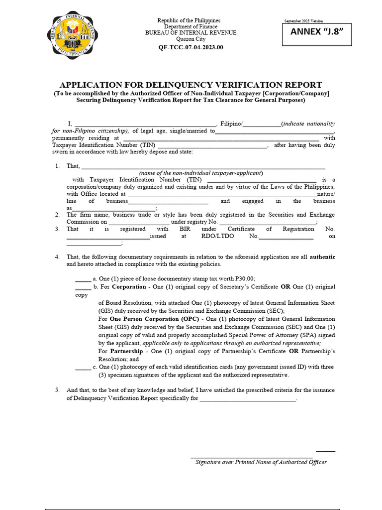 Application For Delinquency Verification Report Non-Individual ...