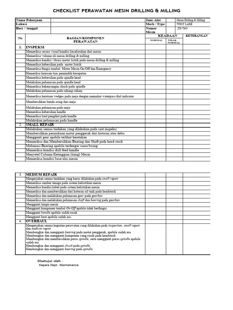Checklist Perawatan Mesin Milling | PDF