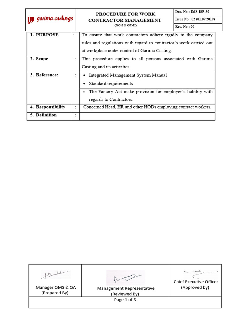 IMS-ISP-39 Work Contractor Management | PDF | Employment | Occupational ...