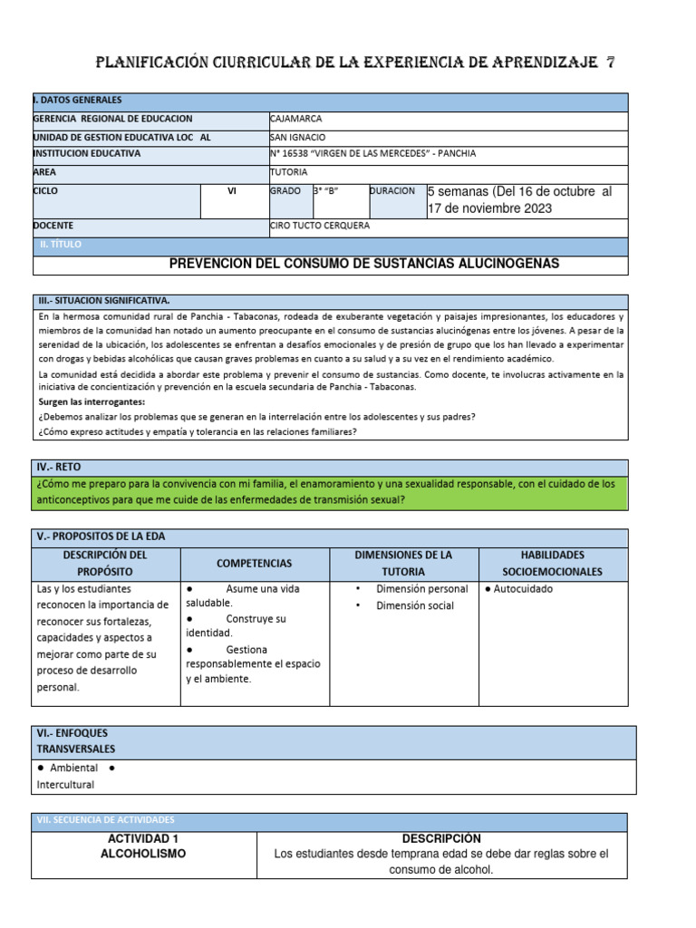 Planificación Ciurricular de La Experiencia de Aprendizaje 7 | PDF | La dependencia de ...