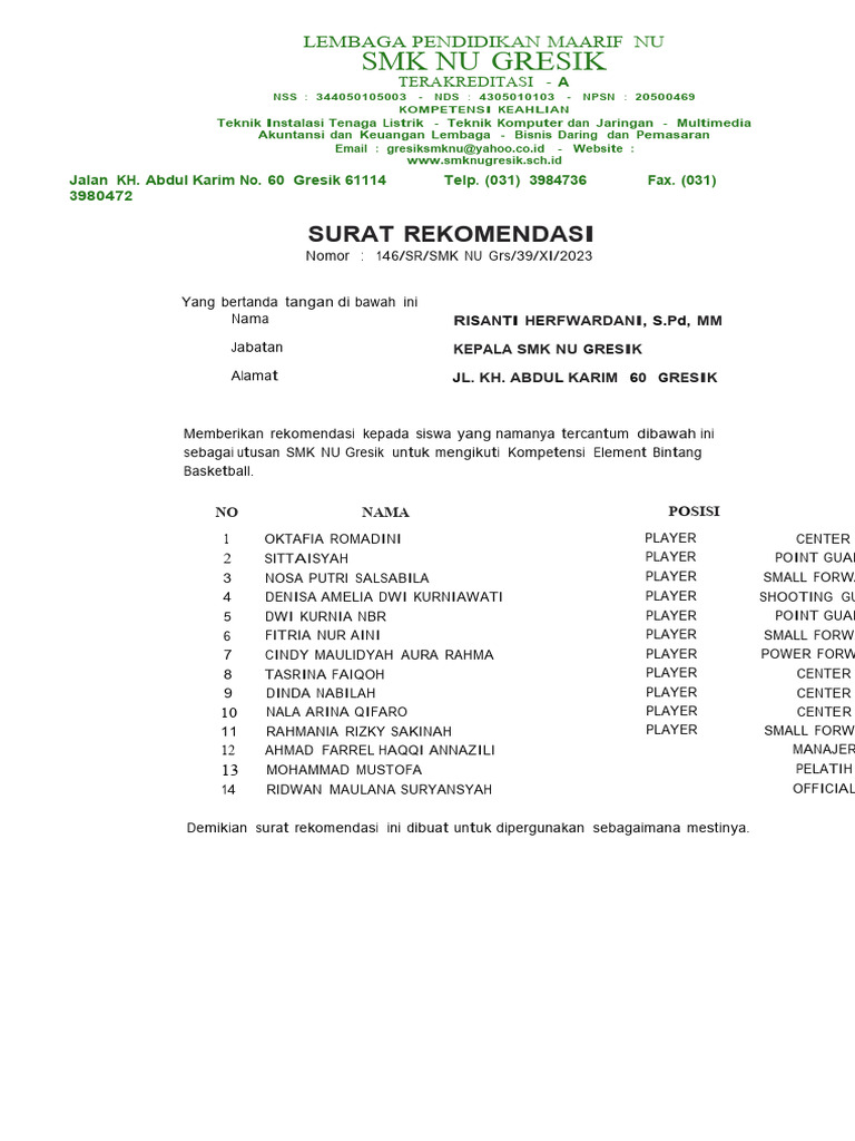 Surat Rekomendasi - Perbasi | PDF