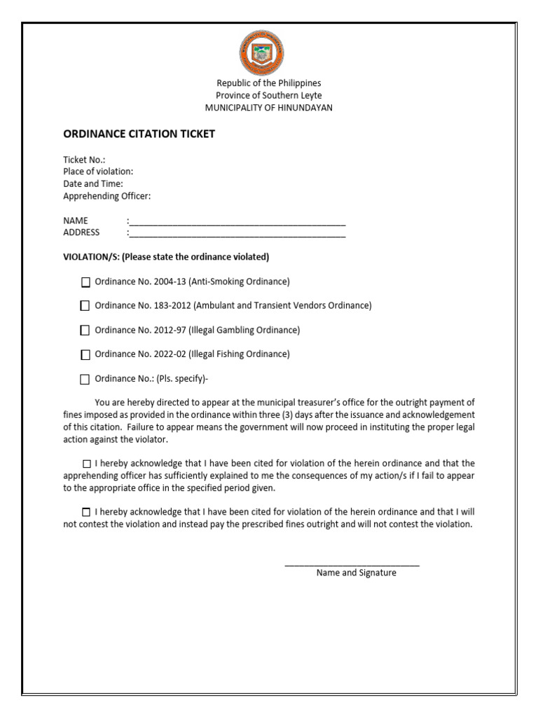 Citation Ticket Other Ordinances Sample | PDF