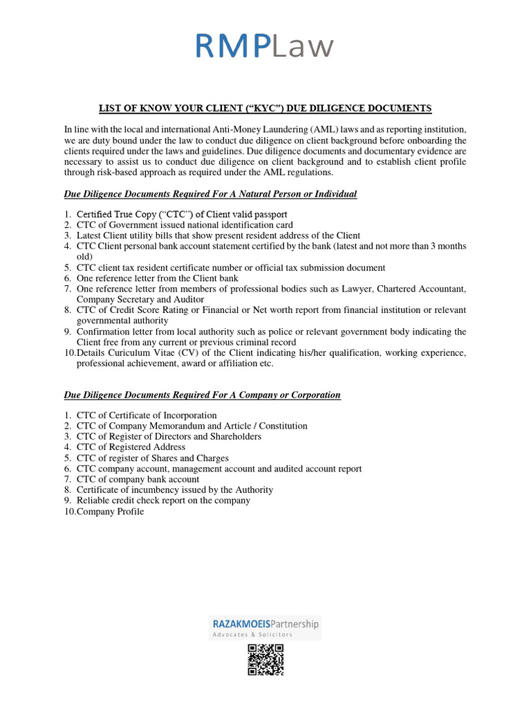 KYC Due Diligence Document Checklist | PDF | Finance & Money Management ...