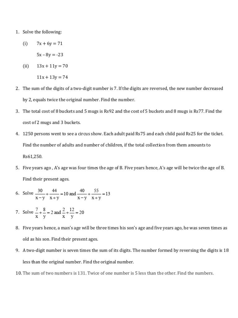 SIMULTANEOUS EQUATIONS Test | PDF