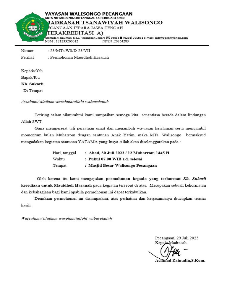 Surat Permohonan Mauidhoh Hasanah | PDF